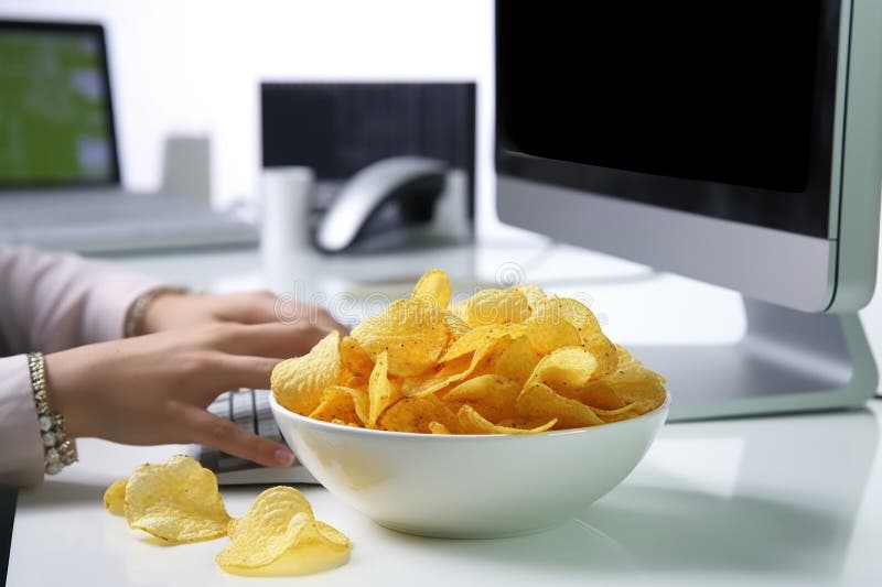 A Bowl of Chips Sitting on a Desk Next To a Computer. Ideal for ...