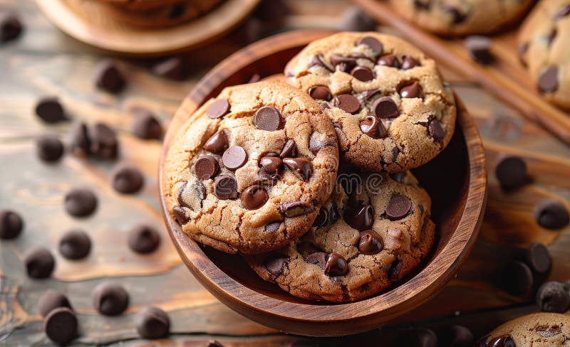 A Bowl of Chocolate Chip Cookies with Chocolate Chips Scattered Around ...
