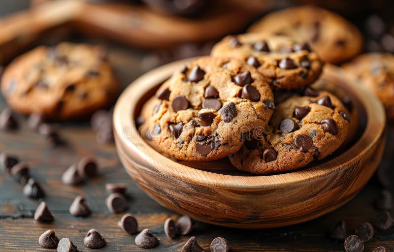 A Bowl of Chocolate Chip Cookies with Chocolate Chips on the Table ...