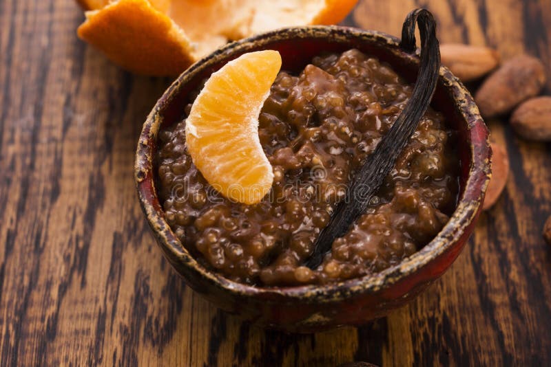 A Bowl of Chocolate Tapioca Pudding Stock Photo - Image of pine, cones ...