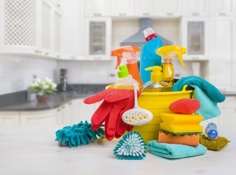 Bowl With Cleaning Products On Table Over Blurred Kitchen Background ...