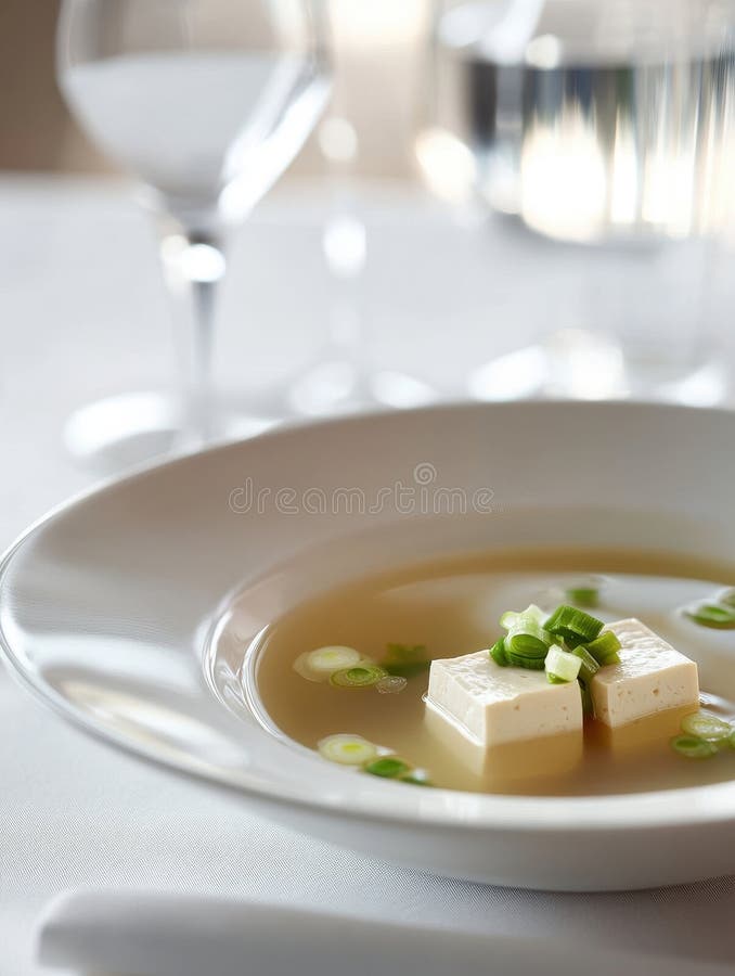 A Bowl of Clear Broth with Tofu Cubes and Green Onions, Elegantly ...