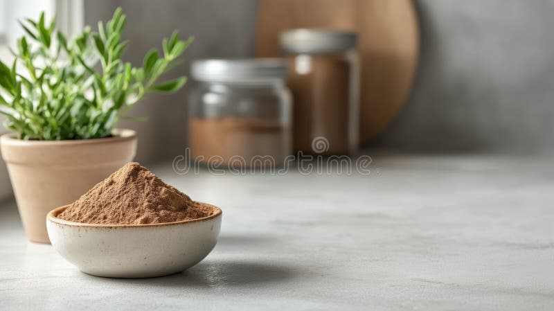 Bowl of Cocoa Powder on Kitchen Counter with Plant and Jars Stock ...