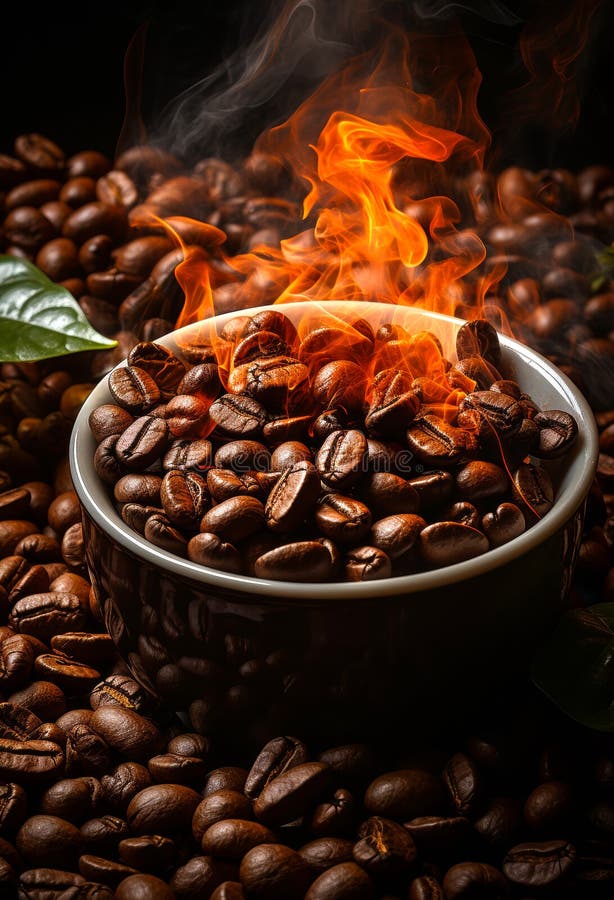 A Bowl of Coffee Beans with a Fire Burning on Top Stock Photo - Image ...