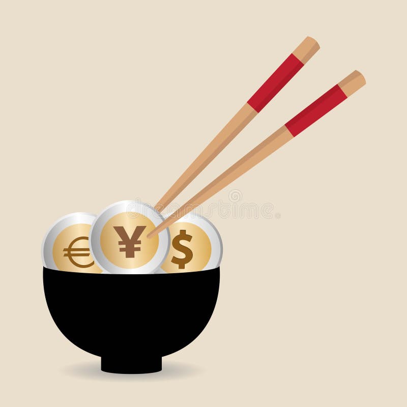 Black Bowl with Dollar, Euro and Yuan Coins and Chopsticks Stock Vector ...