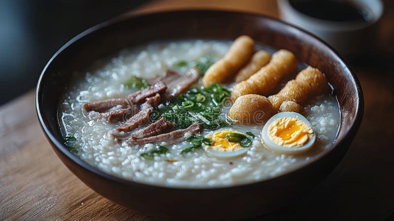 Bowl of Congee with Pork and Egg Stock Photo - Image of protein ...