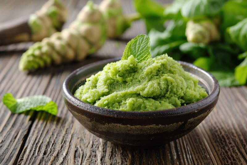 Bowl Containing Fresh Wasabi Paste with Mint Leaf and Wasabi Rhizomes ...