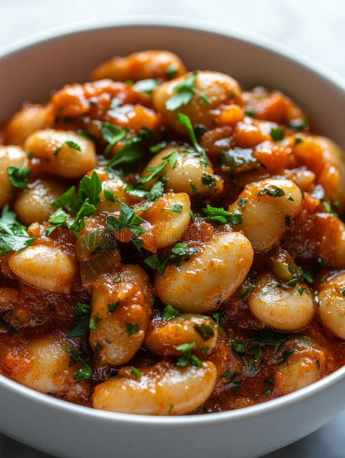 Bowl of Cooked Beans in Tomato Sauce with Parsley. Stock Image - Image ...