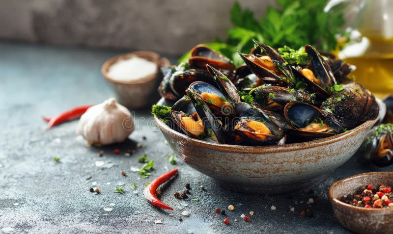 A Bowl of Cooked Mussels on a Textured Surface, Surrounded by Spices ...