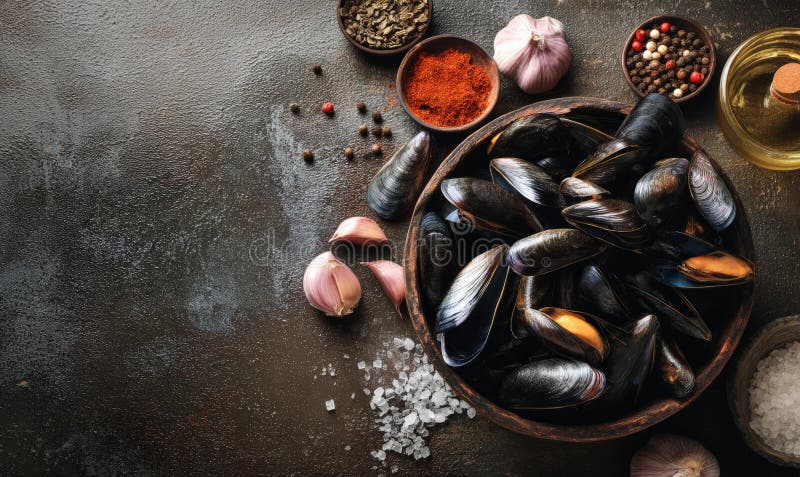 A Bowl of Cooked Mussels on a Textured Surface, Surrounded by Spices ...