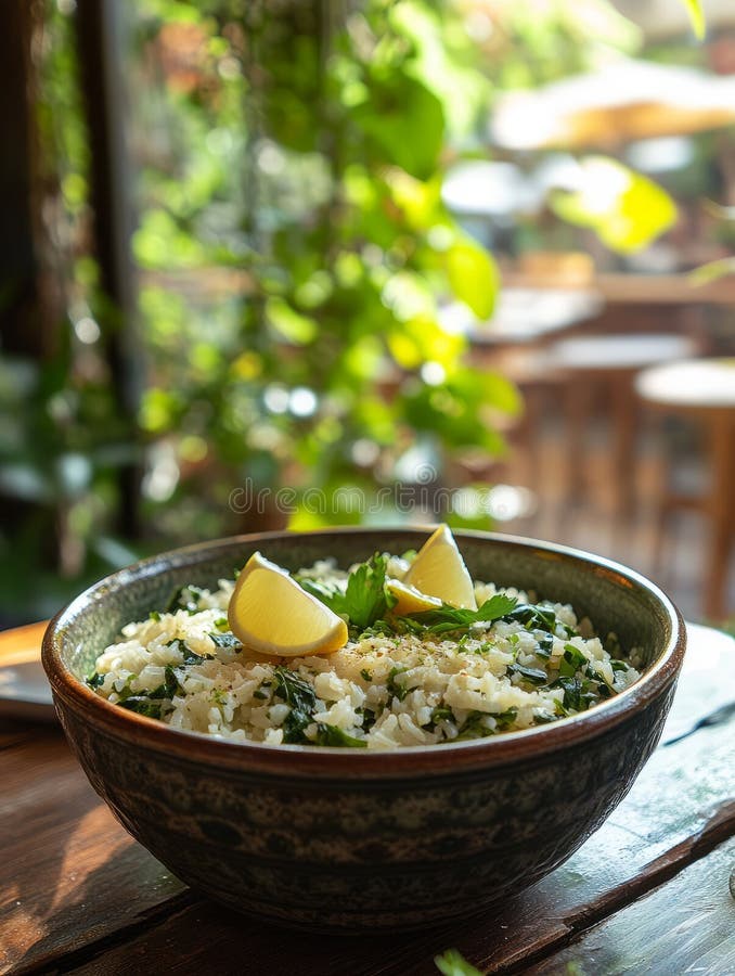 Bowl of Cooked Rice Garnished with Lemon Stock Image - Image of lunch ...