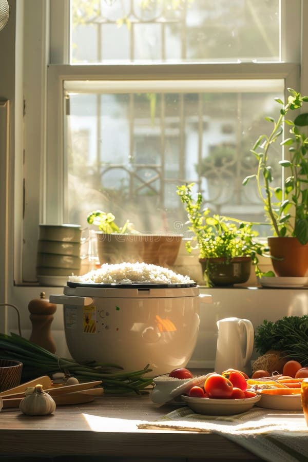 A Bowl of Cooked Rice and Mixed Vegetables on a Kitchen Counter Stock ...