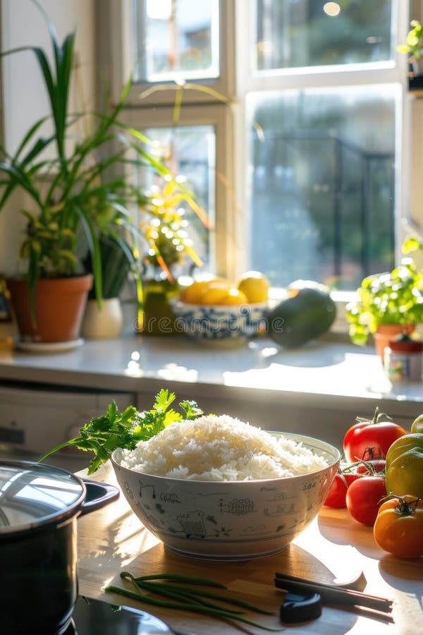 A Bowl of Cooked Rice Sitting on the Kitchen Counter, Ready for Serving ...