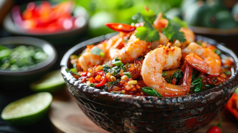 Bowl of Cooked Shrimp and Assorted Veggies on Table Stock Image - Image ...