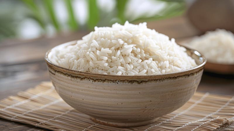 Bowl of Cooked White Rice on Bamboo Mat Stock Image - Image of closeup ...