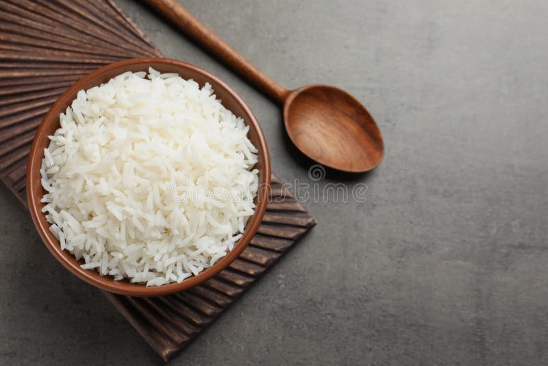 Bowl of Cooked White Rice Served on Table, Flat Lay Stock Image - Image ...