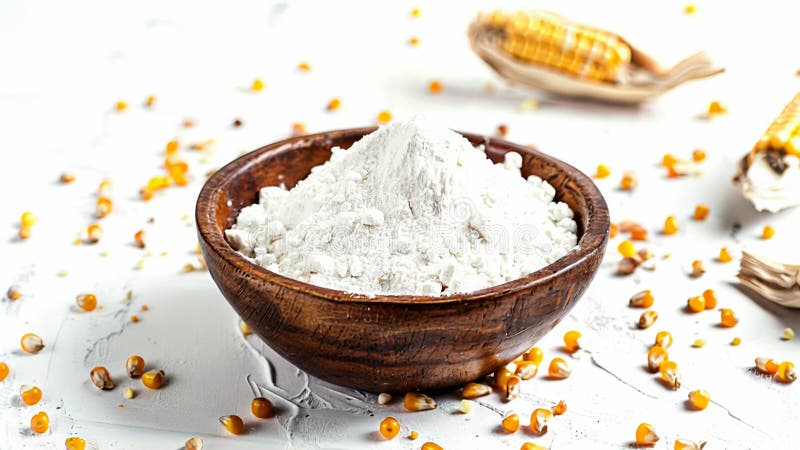 Bowl of Corn Flour with Kernels and Cob on White Background. World ...
