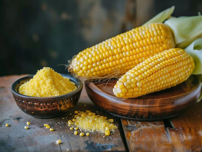 Bowl with Corn Starch on Kitchen Table and Ear of Corn Stock ...