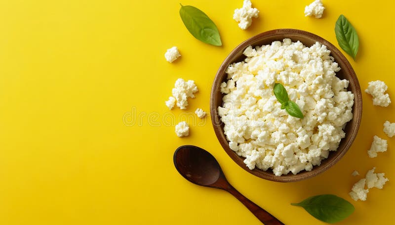 A Bowl of Cottage Cheese with Leaves on a Yellow Background Stock Photo ...