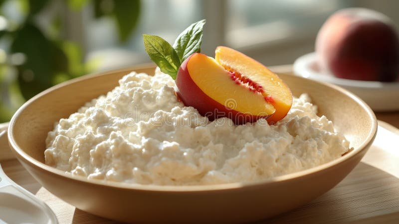 Bowl of Cottage Cheese with a Peach Slice Garnish Stock Image - Image ...
