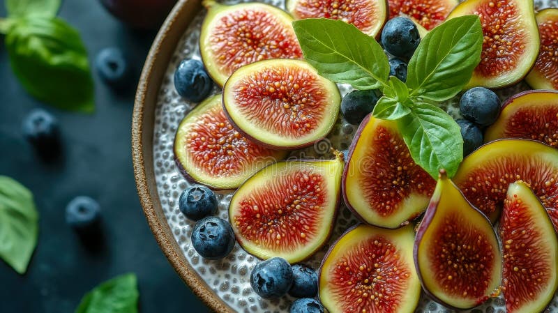 A Bowl of Creamy Chia Pudding Topped with Fresh Figs, Basil, and Chia ...