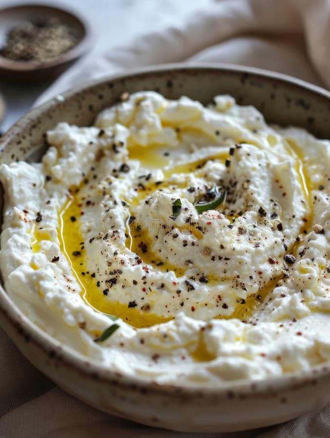 A Bowl of Creamy Labneh Garnished with Olive Oil and Spices. Stock ...