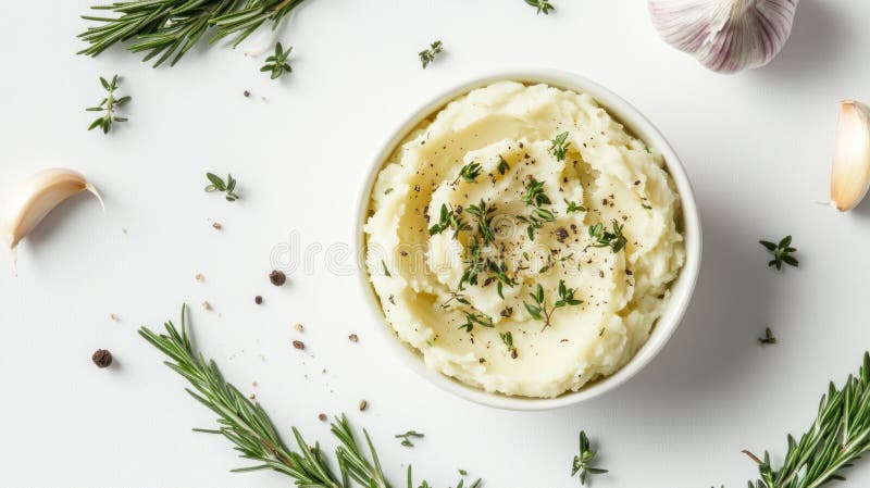 Bowl of Creamy Mashed Potatoes with Fresh Herbs and Garlic on White ...