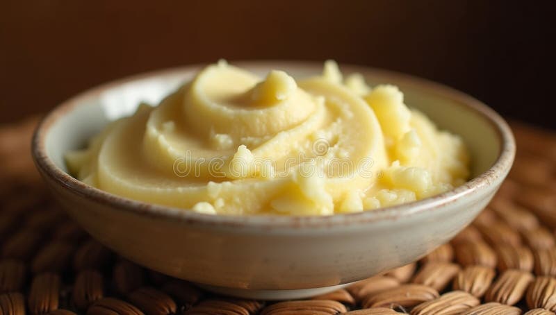 A Bowl of Creamy Mashed Potatoes Presented on a Woven Mat in a Warm and ...