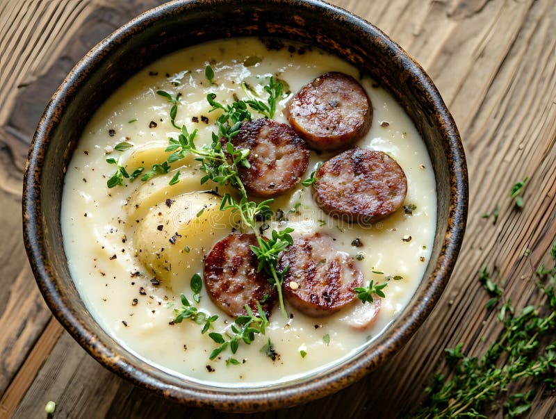 A Bowl of Creamy Potato Soup with Slices of Mettwurst Stock ...