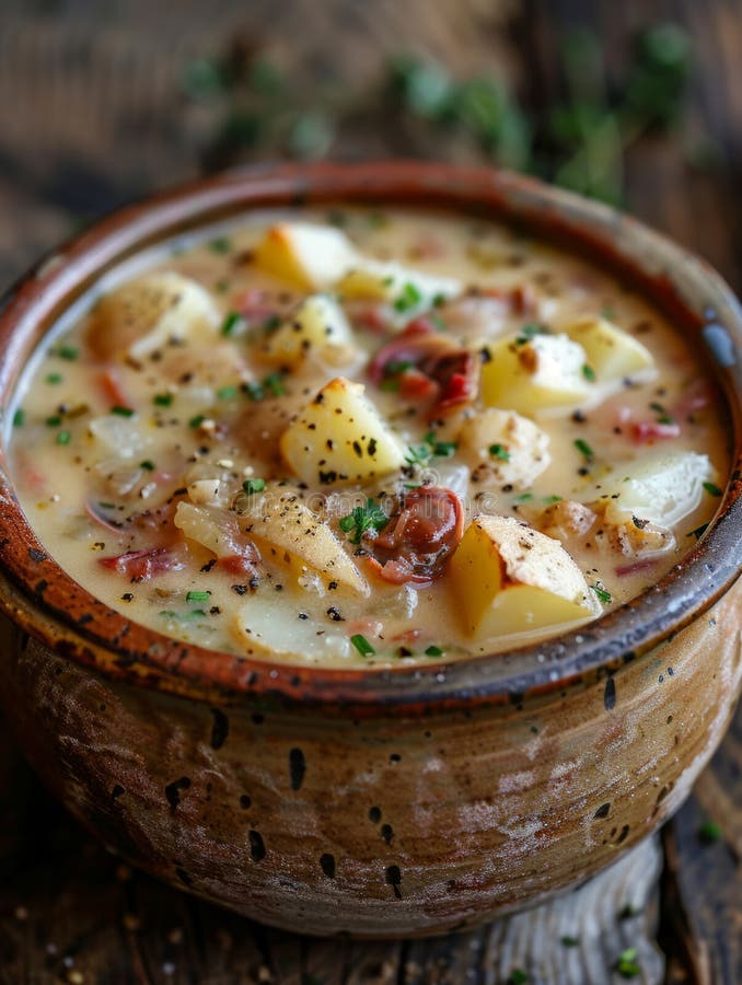 Bowl of Creamy Seafood Chowder with Potatoes and Herbs. Stock Photo ...