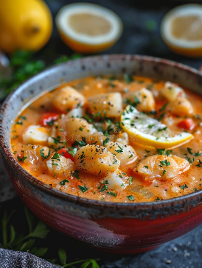 Bowl of Creamy Seafood Chowder with Shrimp and Lemon Slices. Stock ...