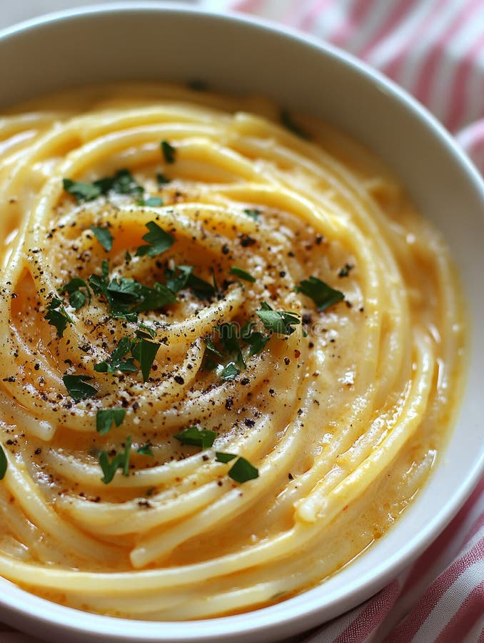 Bowl of Creamy Spaghetti with Cheese Sauce and Herbs. Stock Image ...