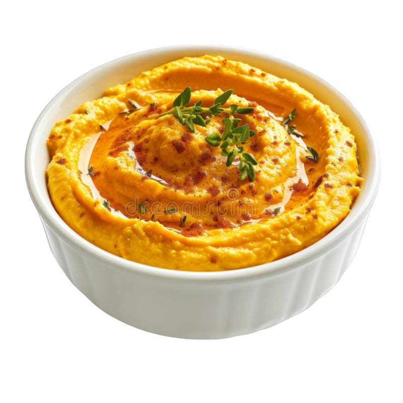 Bowl of Creamy Yellow Hummus with Olive Oil and Thyme Stock Photo ...