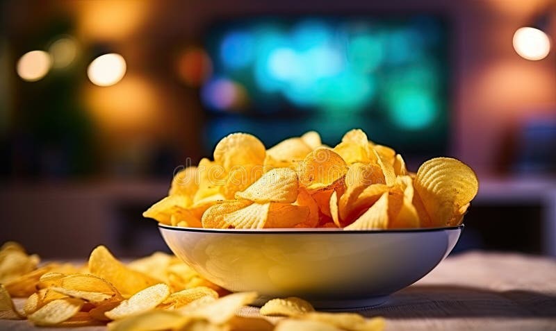 Bowl of Crispy, Golden Yellow Chips on Table Stock Illustration ...