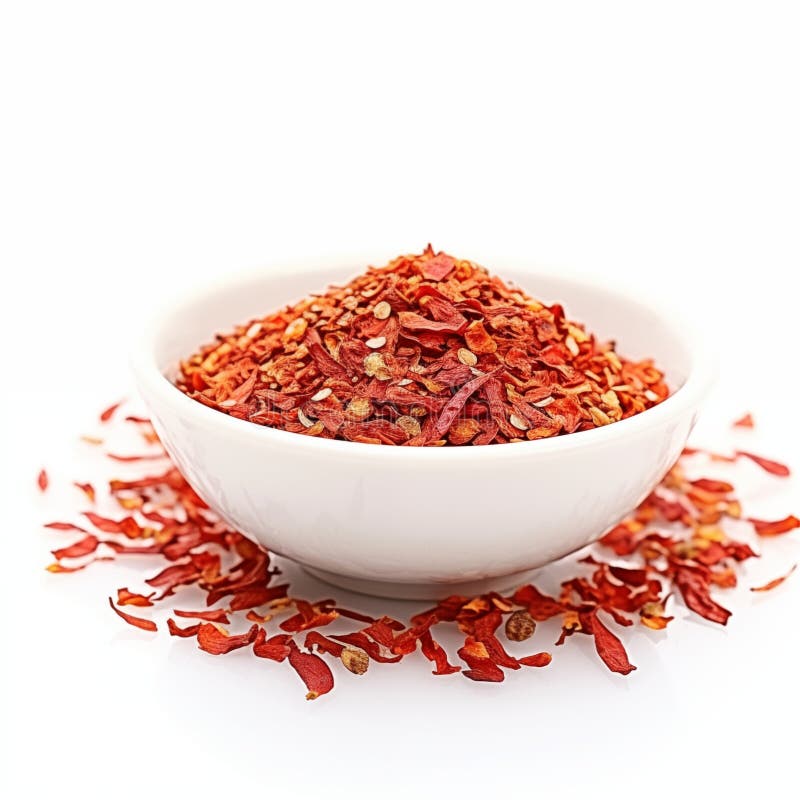 Bowl of Crushed Red Pepper Flakes Isolated on White Background Stock ...