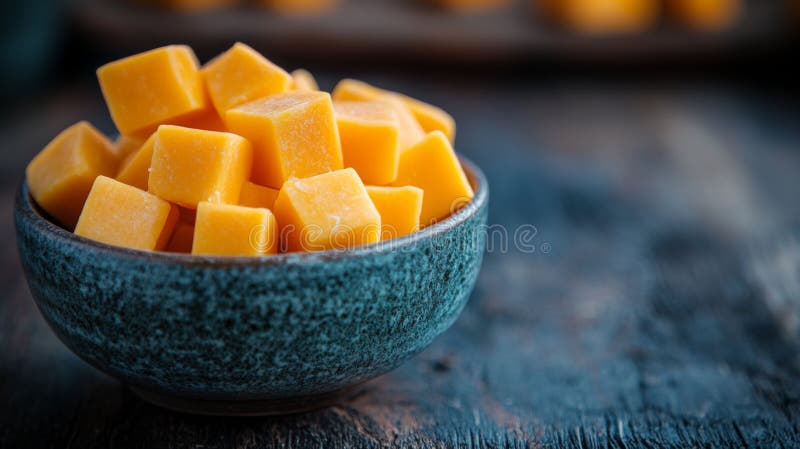 Bowl of Cubed Cheddar Cheese on a Wooden Surface Stock Illustration ...