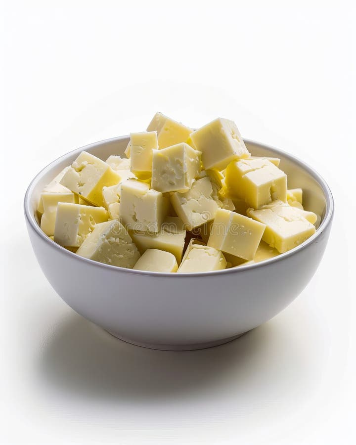 A Bowl of Cubed Cheese on a White Background Stock Image - Image of ...