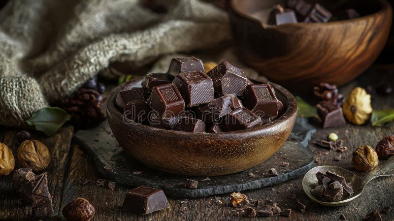 Bowl of Dark Chocolate Chunks on a Rustic Wooden Table Stock Photo ...