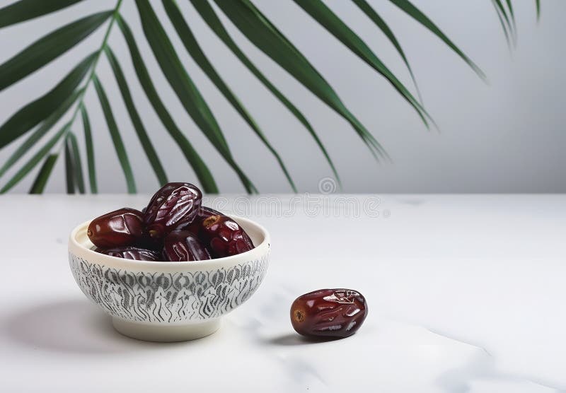 Dates in Bowl with Palm Leaf Background Stock Illustration ...