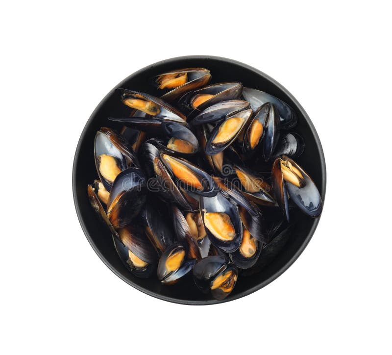 Bowl of Delicious Cooked Mussels Isolated on White, Top View Stock ...