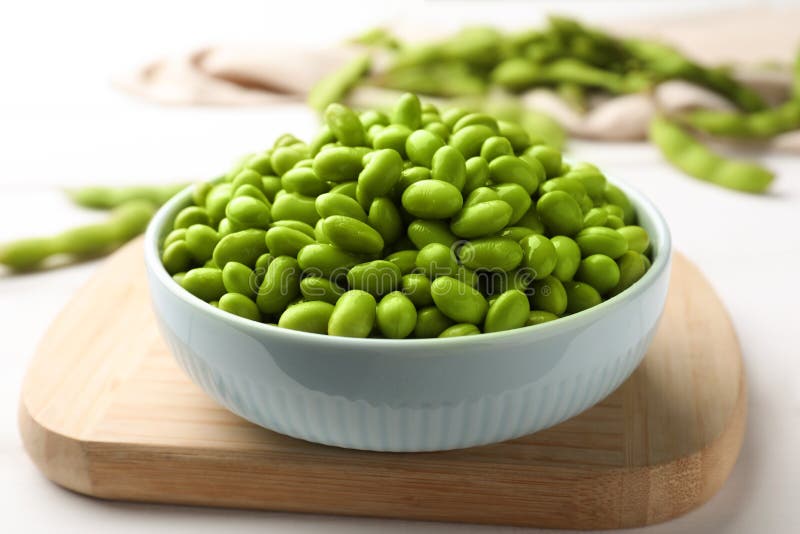 Bowl of Delicious Edamame Beans on Table Stock Image - Image of fresh ...
