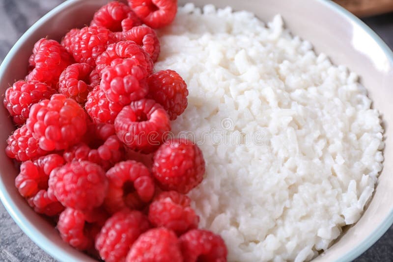 Bowl with Delicious Rice Pudding and Raspberry, Closeup Stock Image ...