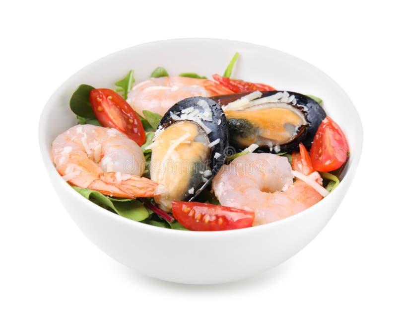 Bowl of Delicious Salad with Seafood Isolated on White Stock Image ...