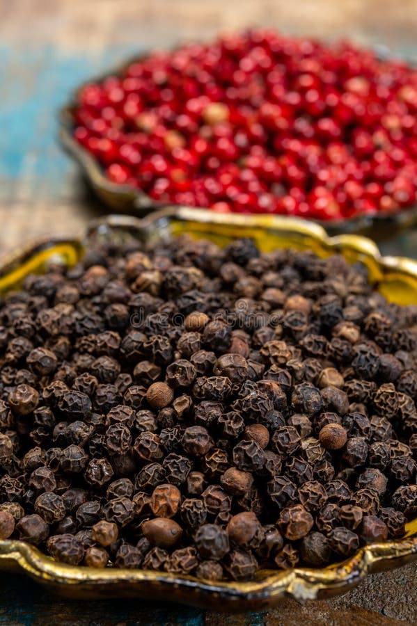 Bowl with Dried Black and Red Round Peppers Condiment Stock Image ...