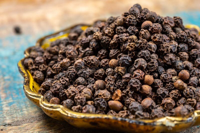 Bowl with Dried Black Round Peppers Condiment Stock Image - Image of ...