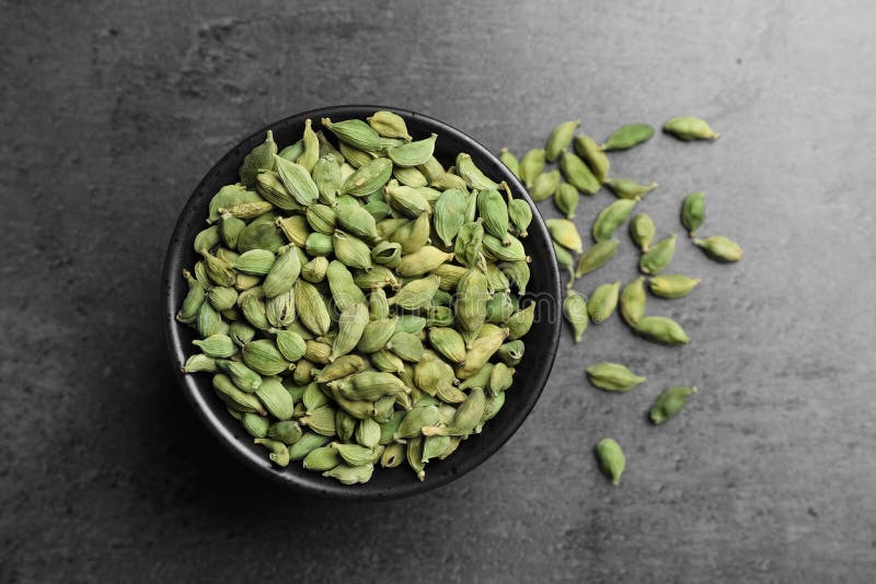 Bowl of Dry Cardamom Pods on Dark Grey Table, Top View Stock Image ...