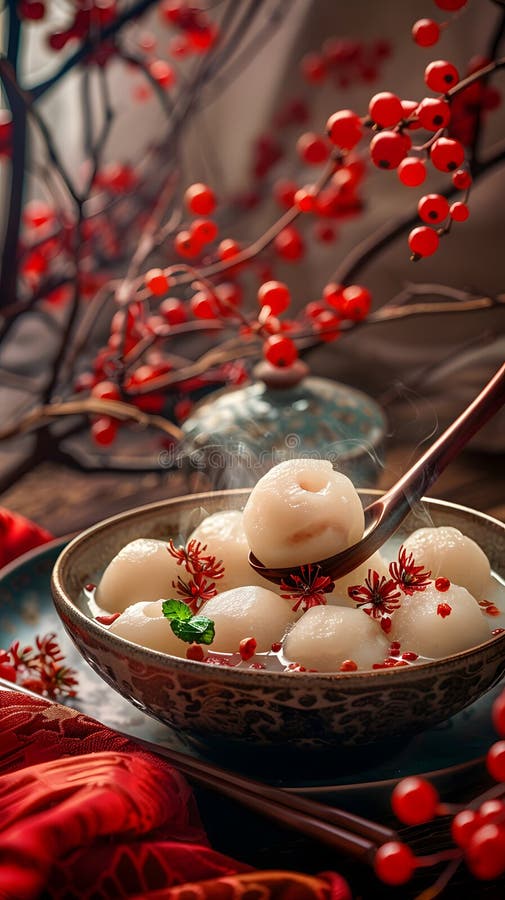 A Bowl of Dumplings with a Spoon, a Dish of Asian Cuisine on the Table ...