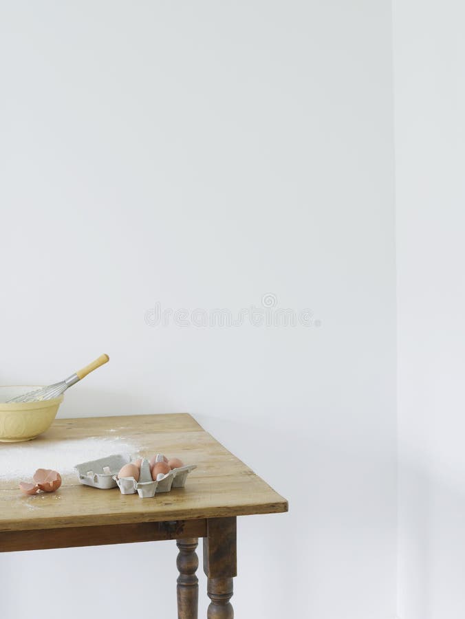 Bowl Eggs and Flour Scattered on Table Stock Image - Image of broken ...