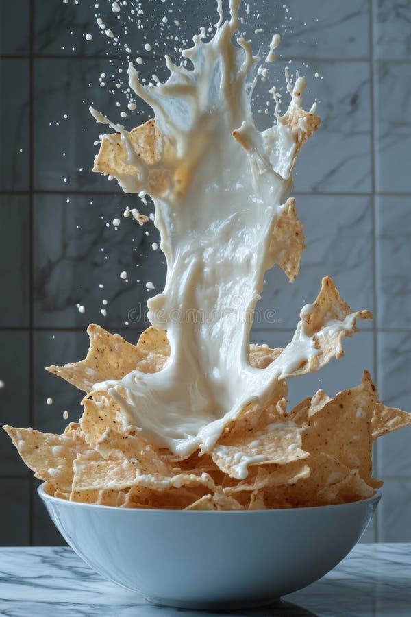 A Bowl Filled with Crispy Nachos is Dramatically Splashed with Melted ...