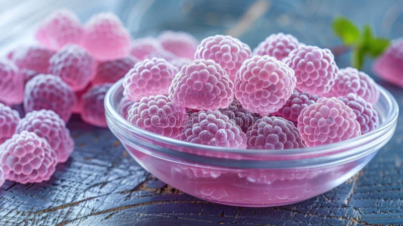 Delicious Pink Raspberry Gummies in Glass Bowl Stock Illustration ...